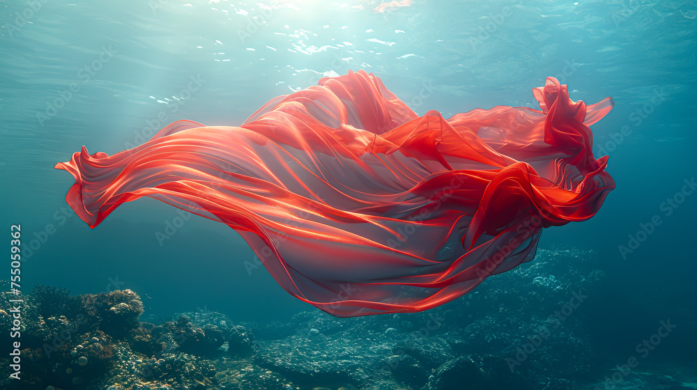 Submerged Elegance: Floating Red Fabric Underwater captured with Generative AI technology Stock ...