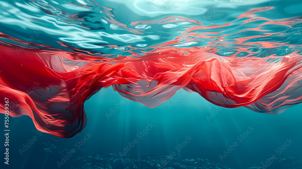 Submerged Elegance: Floating Red Fabric in the Depths created with Generative AI technology ...