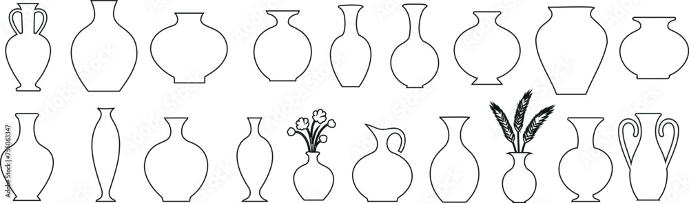 Ancient pottery, vase line art collection, pot vector illustration ...
