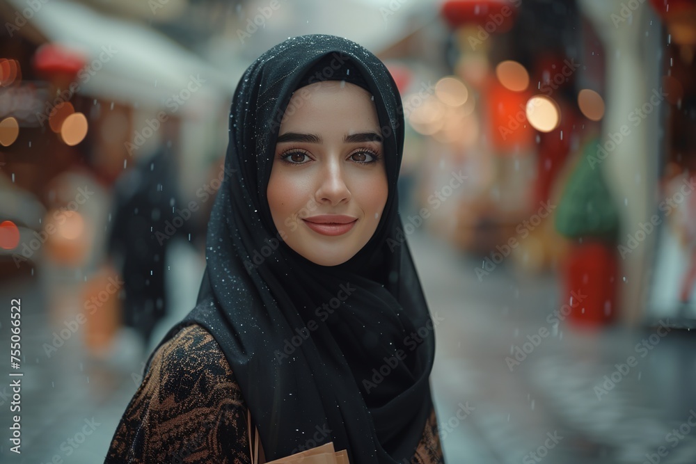 In the heart of the city center, a chic Arabic woman in a hijab ...