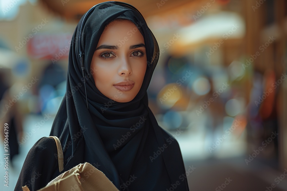 Amidst the vibrant cityscape, a stylish Arabic woman in a hijab strolls ...