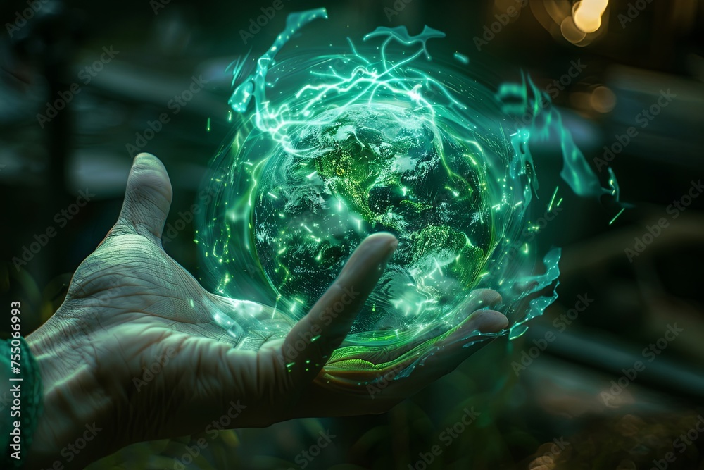 Tendrils of glowing green energy connect a virtual globe to a ...