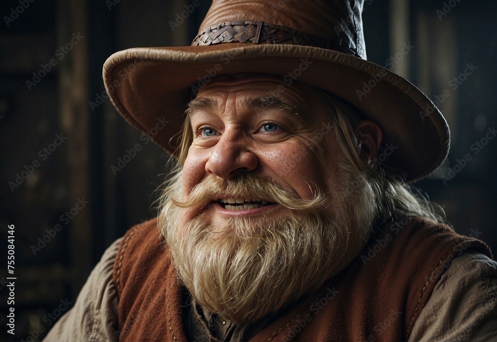 The photo shows a dwarf with a large hat covering his eyes. The dwarf ...