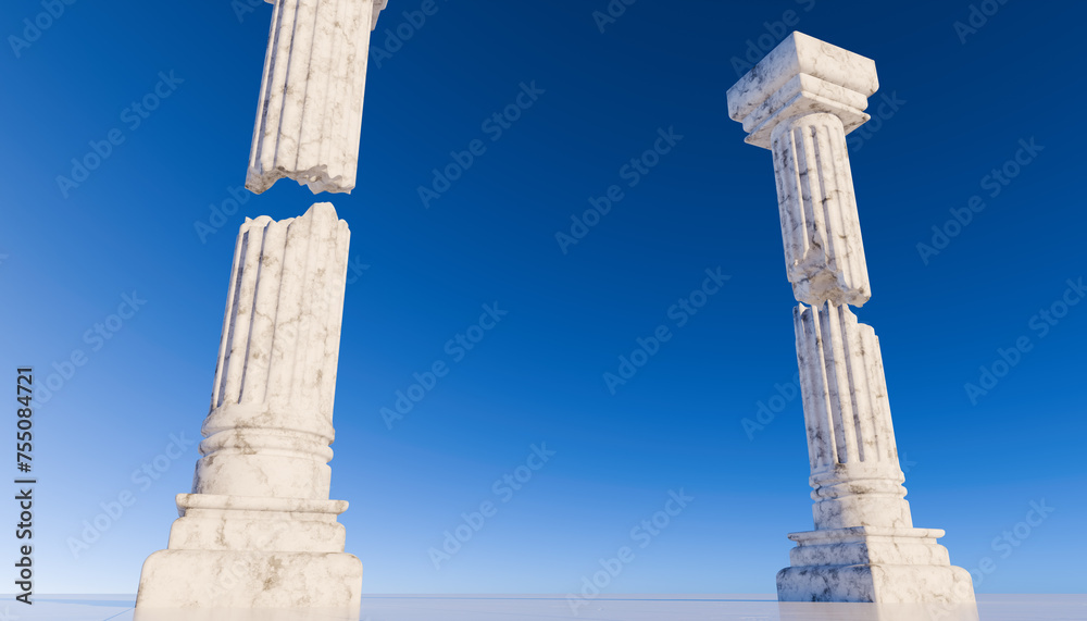 Roman columns on blue sky - 3d render. Ancient marble pillars in a row ...