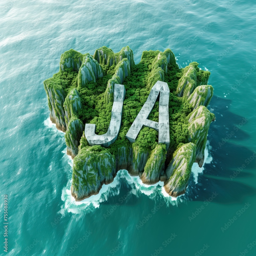 Sag ja zum Meer und zu fernen Inseln. Insel in Form des Wortes Ja. Der ...