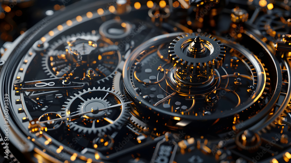 ภาพประกอบสต็อก a rotating clock and gears with a black background, in ...