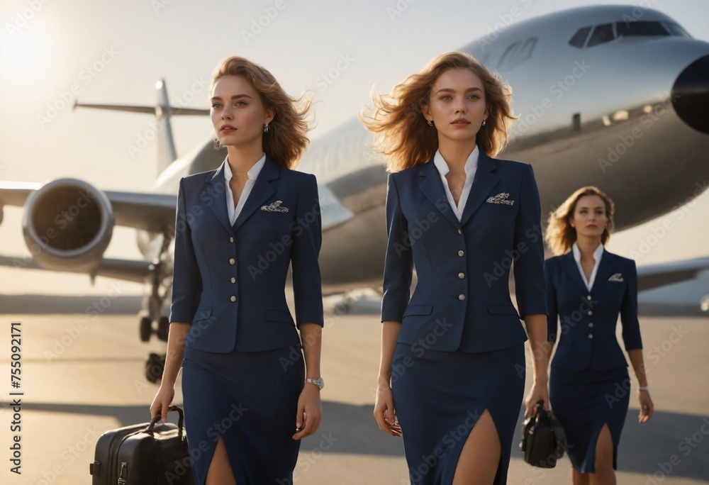 Airplane flight attendants walk at the airport with bags. Beautiful ...