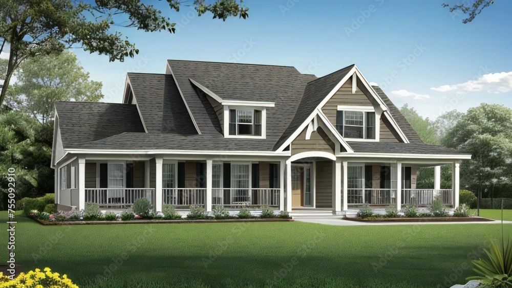 Elegant two-story house with a large front porch, gabled roofs, and ...