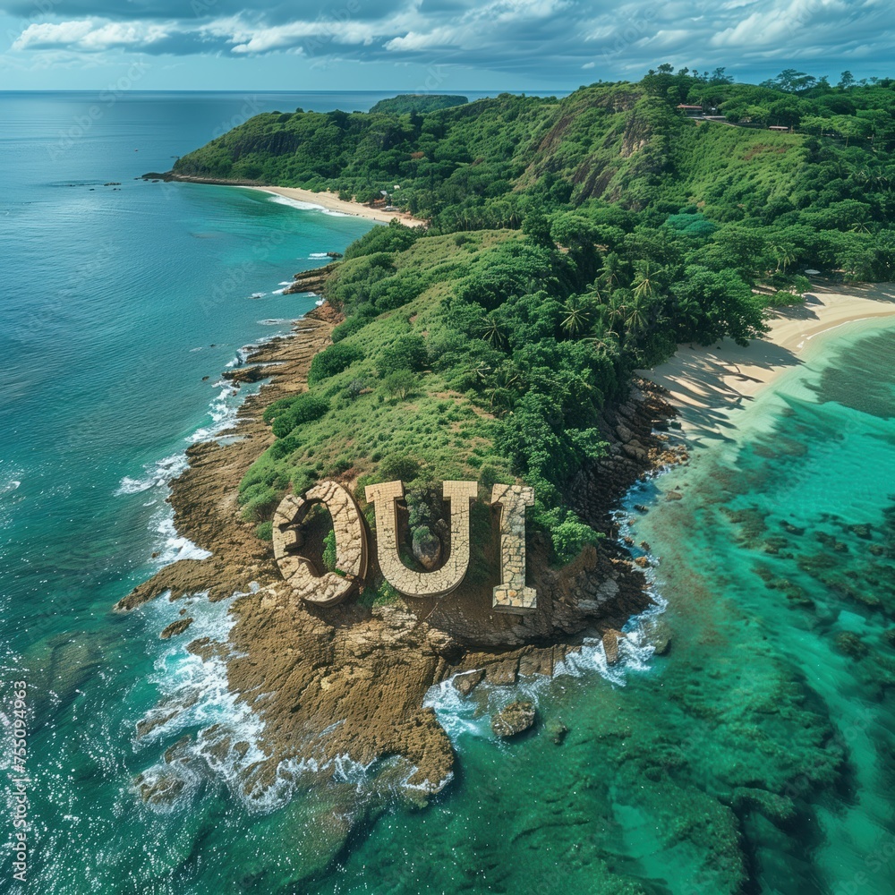Dites oui au bord de mer et aux îles lointaines. L'île en forme de mot ...