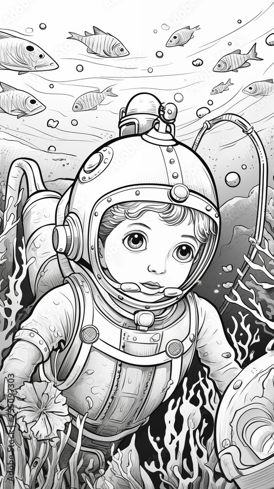 Antistress coloring for adults, children. Scuba diver boy. Marine ...
