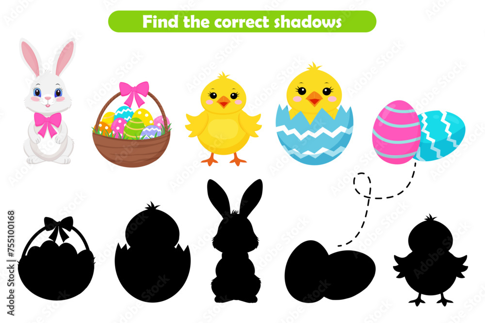 Find the correct shadows Easter set, bunny, chicken, colored eggs ...