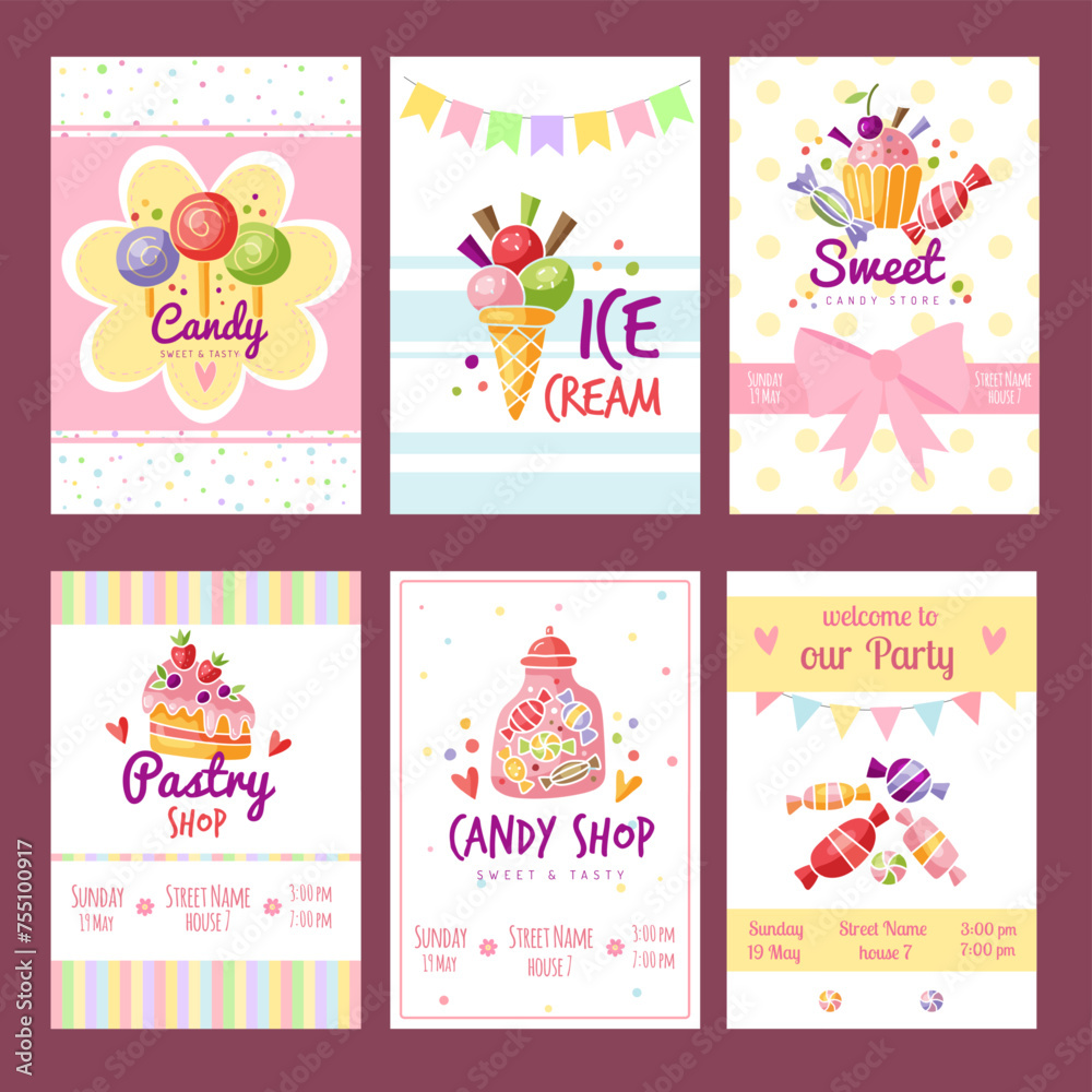 Sweet cards. posters template with different sweets candies and ice ...