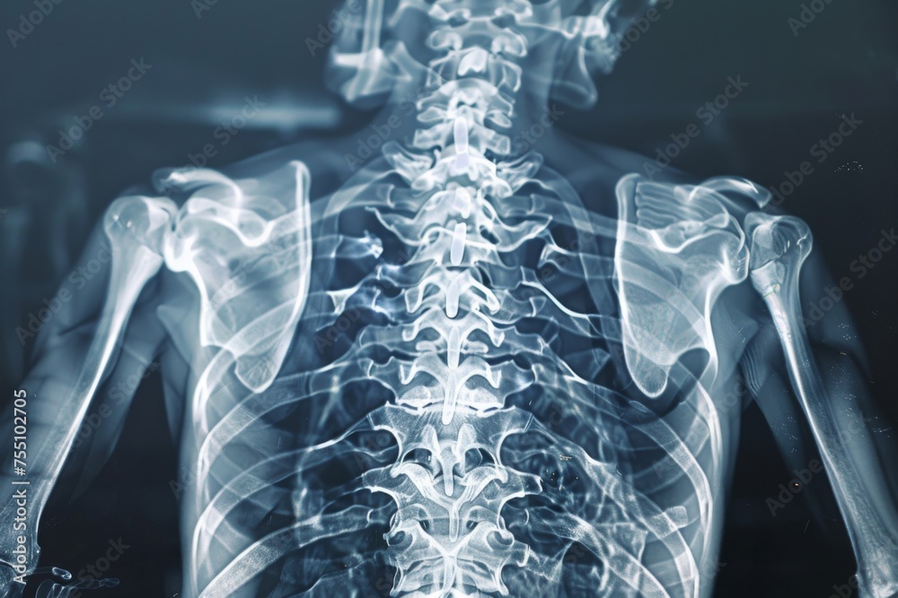 Human rib cage and spine X-ray visualization - Close-up radiographic ...