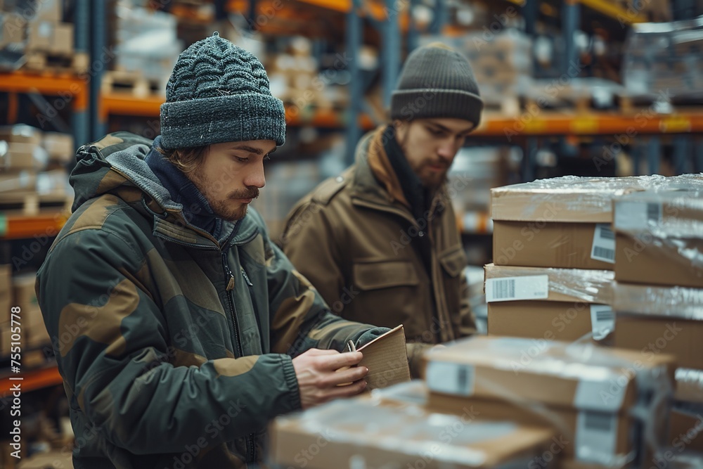 In the midst of a bustling warehouse, workers carefully prepare boxes ...