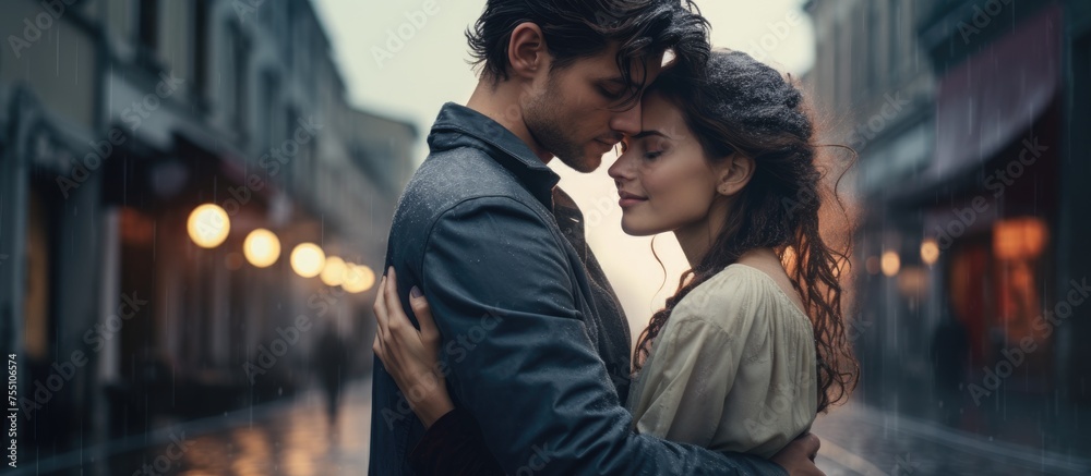 A man and a woman in formal wear are sharing a loving embrace and kiss ...