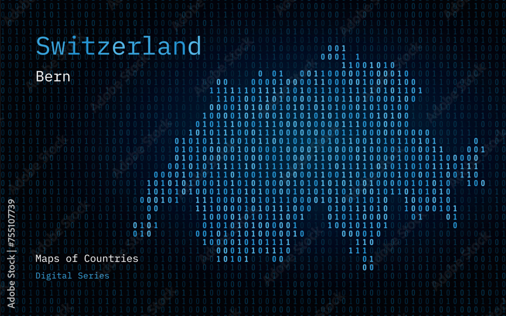 Switzerland Map Shown in Binary Code Pattern. TSMC. Blue Matrix numbers, zero, one. World ...