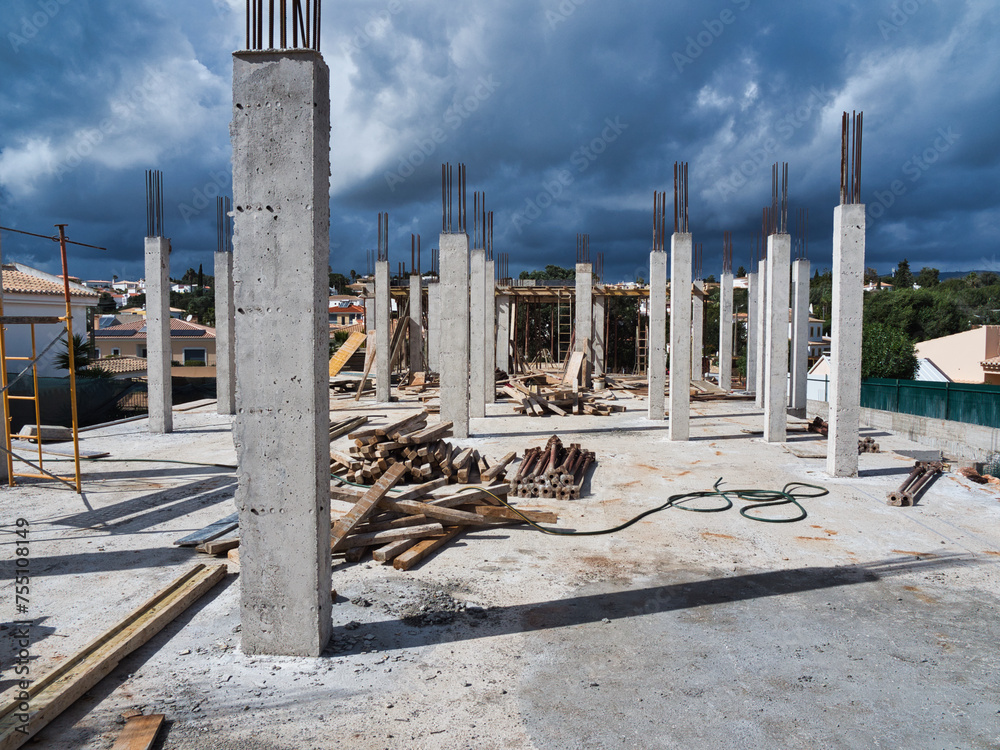 Construction Site: Building a New Home. Skeletal framework revealed in ...