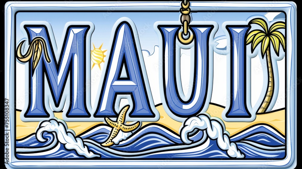 Vintage Maui Sign Illustration with Bold 3D Letters, Waves, and a Palm ...