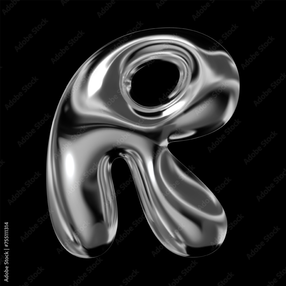 3D chrome letter R from English alphabet, Y2K retro typeface with ...