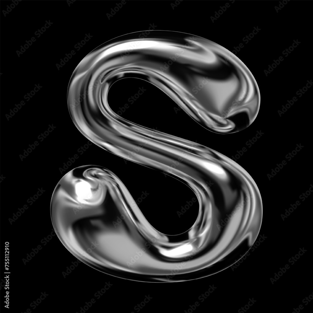 Shiny 3D chrome letter S, retro futuristic balloon bubble style ...