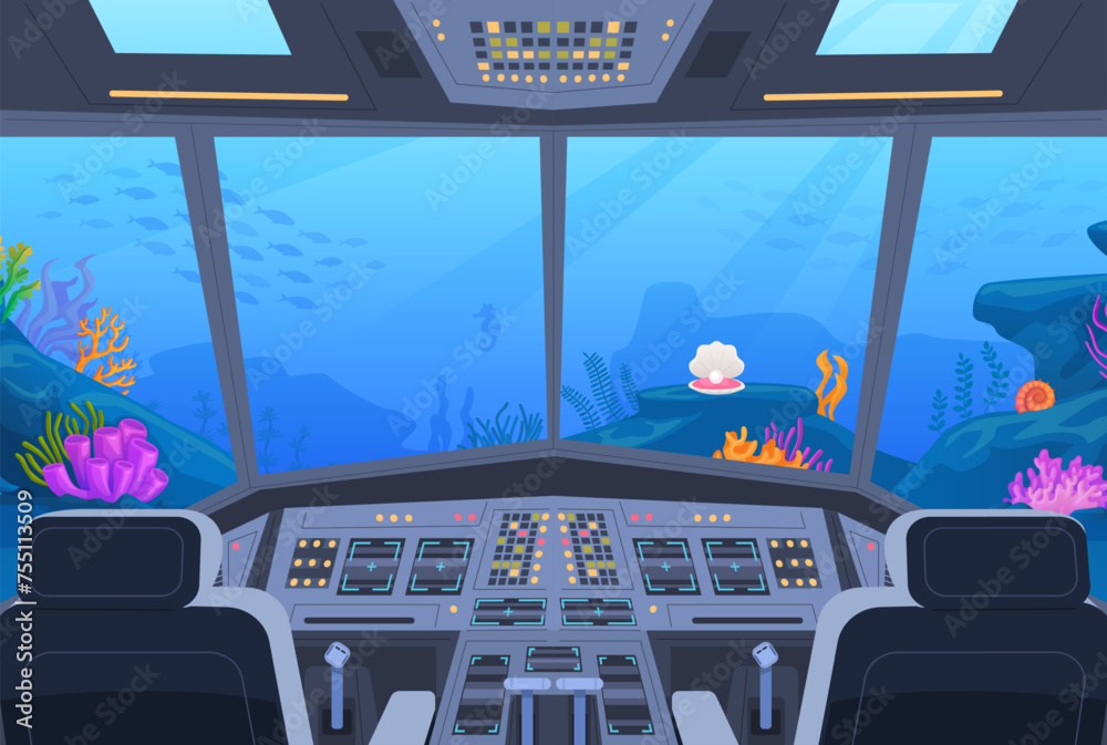 Submarine cockpit. Underwater marine cabin inside cartoon interior ...