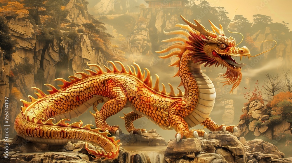 a Chinese dragon loong in an angry mood, Chinese dragon statue, a ...