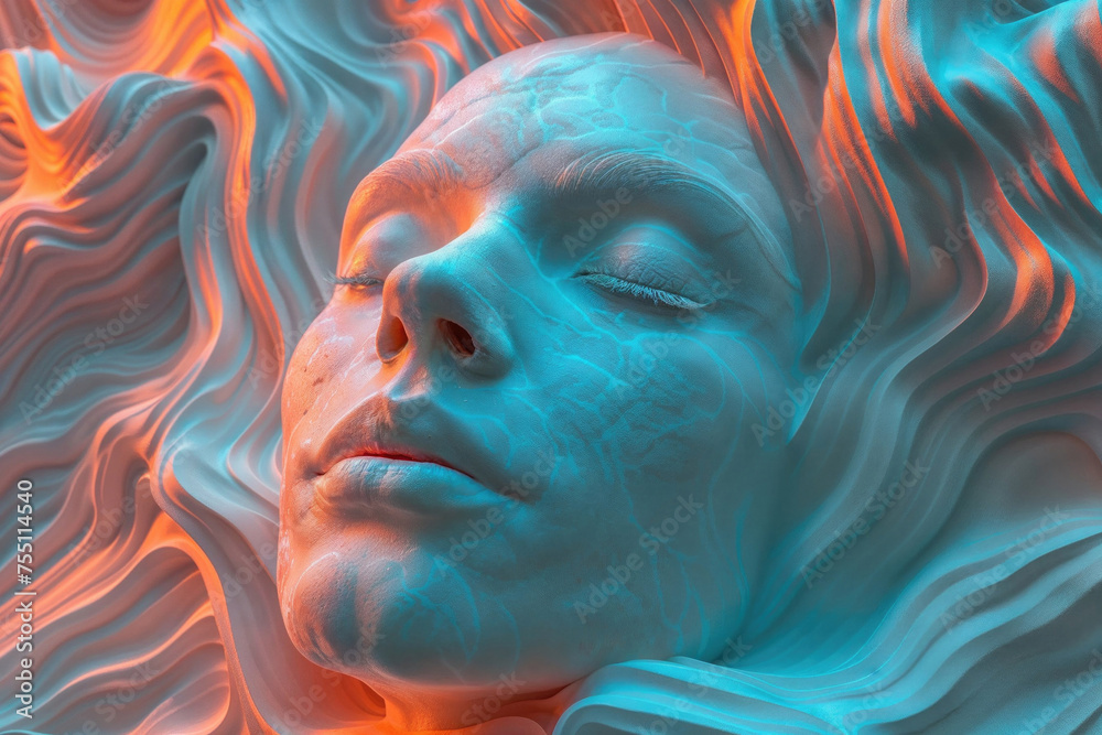 Surreal human face merged with flowing wavy patterns. Generative AI ...