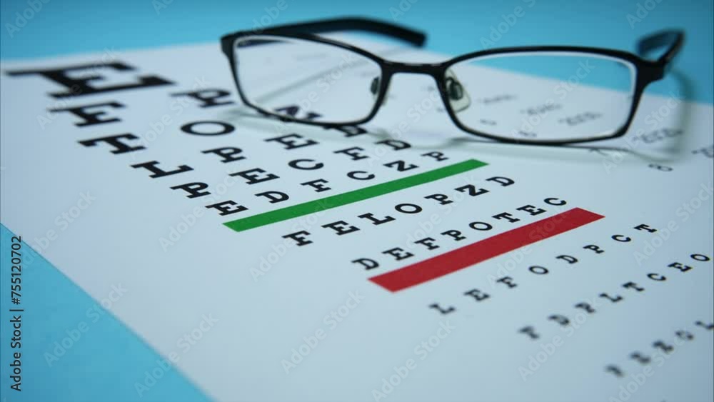 Eyeglasses on snellen eye sight chart test. Stop motion Stock Video ...