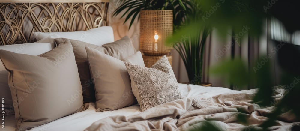 A bed in a bedroom setting adorned with numerous pillows in various ...