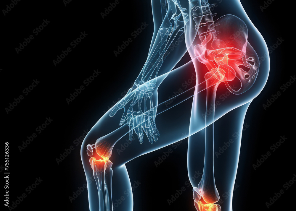 joint pain. blue transparent outline of a person's legs, red inflamed ...
