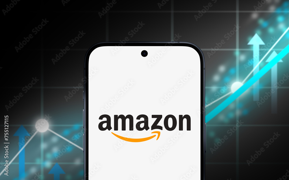 Amazon logo is displayed on a modern smartphone, rising graph with ...