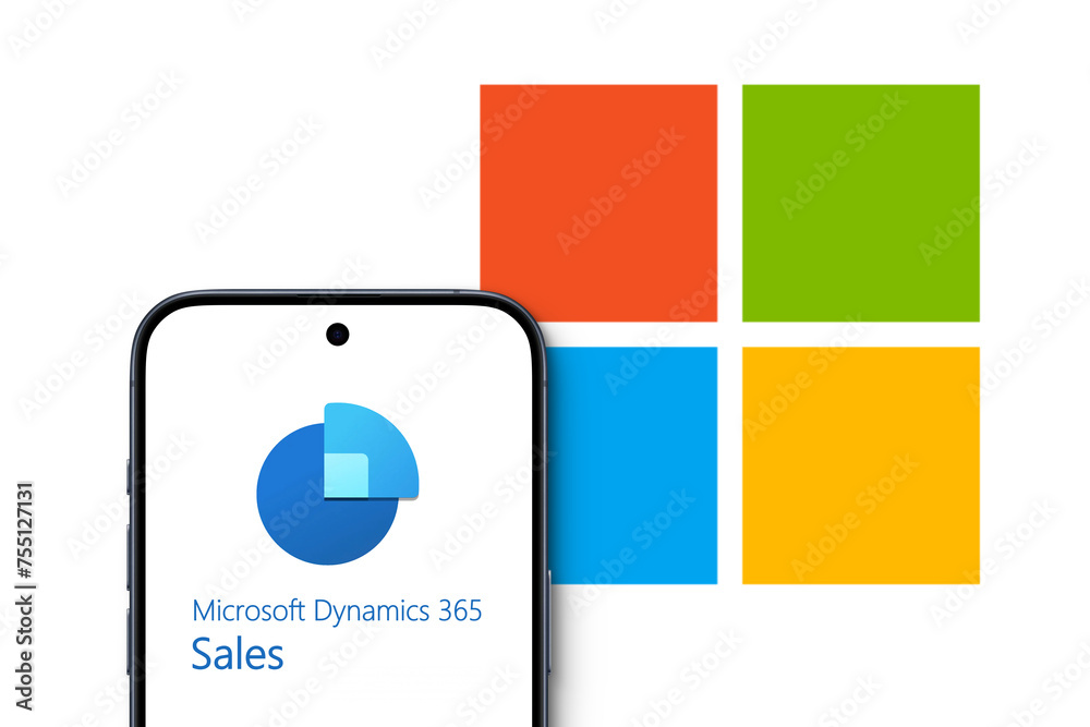 Microsoft Dynamics 365 Sales Logo is displayed on a modern smartphone ...