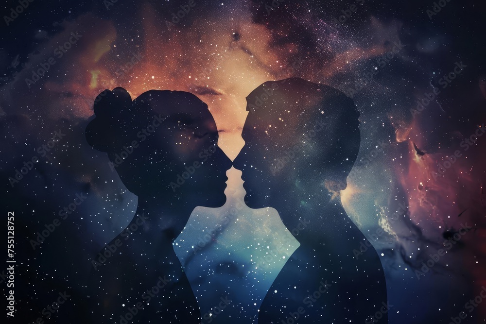 Cosmic love concept illustration showing silhouettes of a man and woman ...