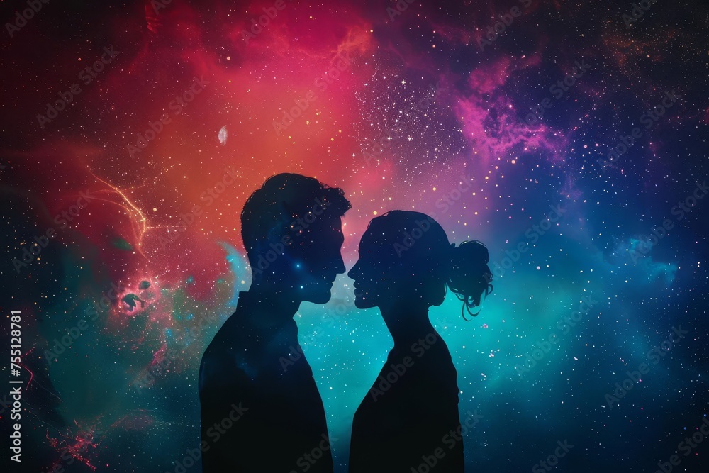 Cosmic love concept illustration showing silhouettes of a man and woman ...