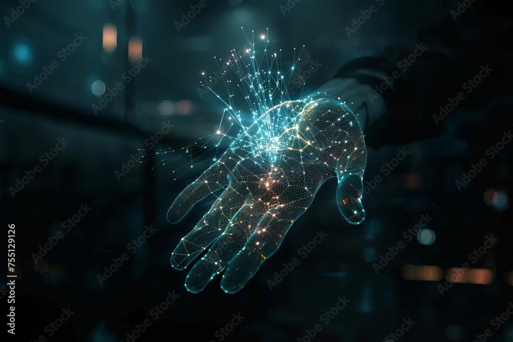 Digital hand hologram concept Visualizing neural network connections and artificial intelligence ...