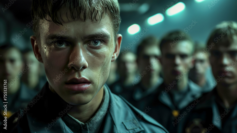 Futuristic soldier with their squad before deployment. Determined ...