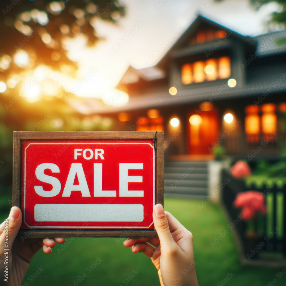 wide angle shot for Sale red sign with house bokeh background. ai ...