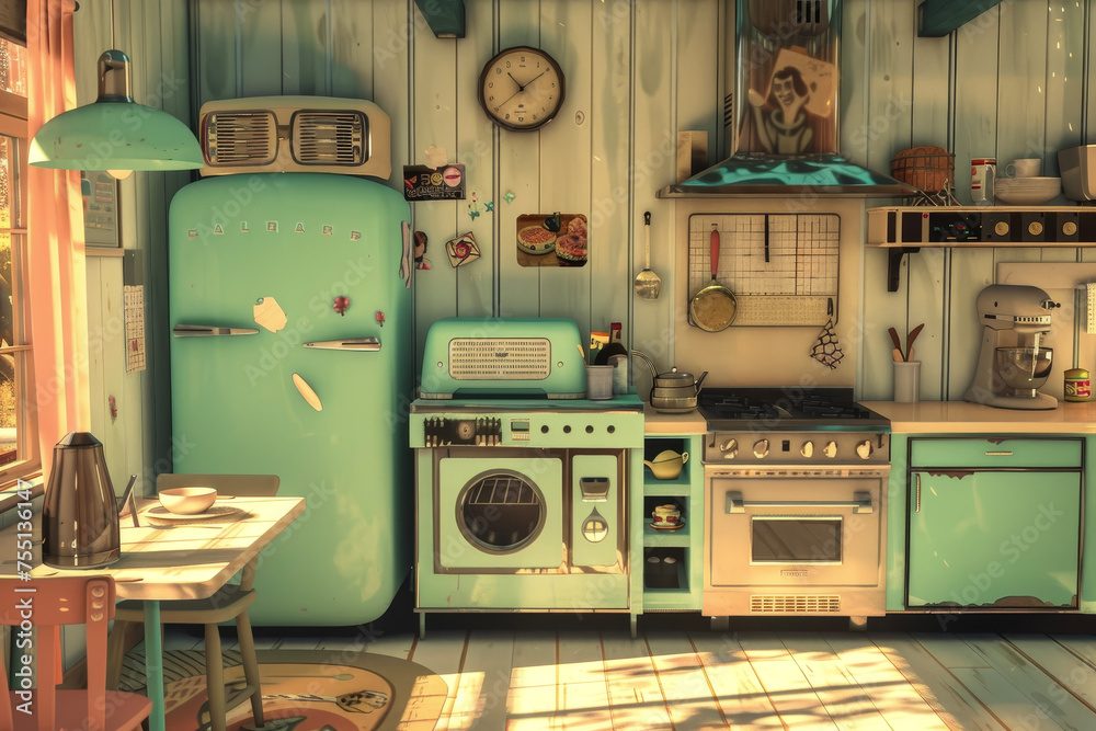 A vintage kitchen with a retro fridge, a toaster, a diner table, and a ...