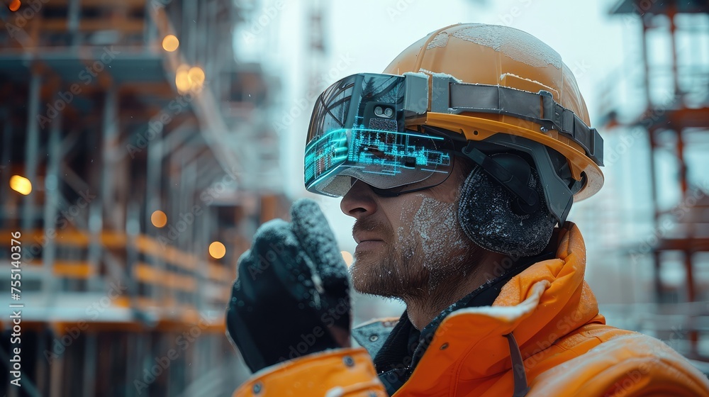 One man wearing augmented reality glasses and working in a civil works ...