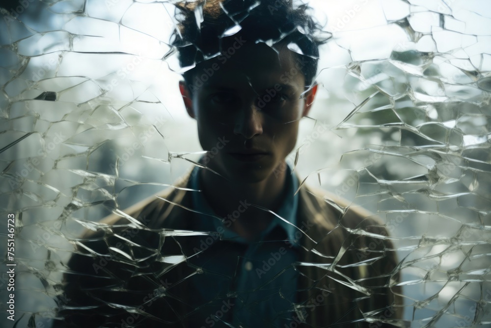 Intriguing double exposure capturing a man and broken mirror, evoking ...