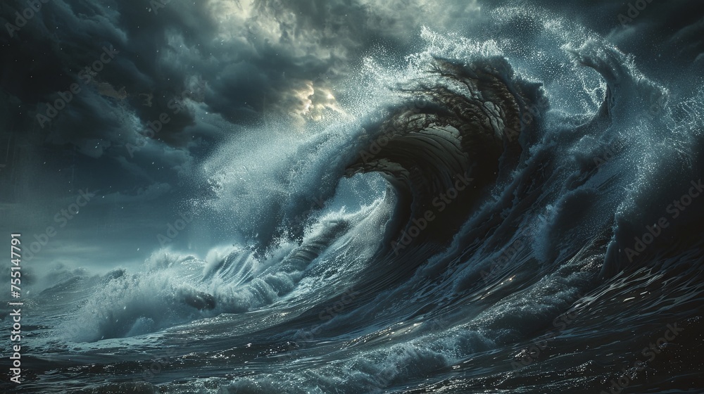 A big breaking ocean wave with white foam. Stormy heavy sea. A strong ...