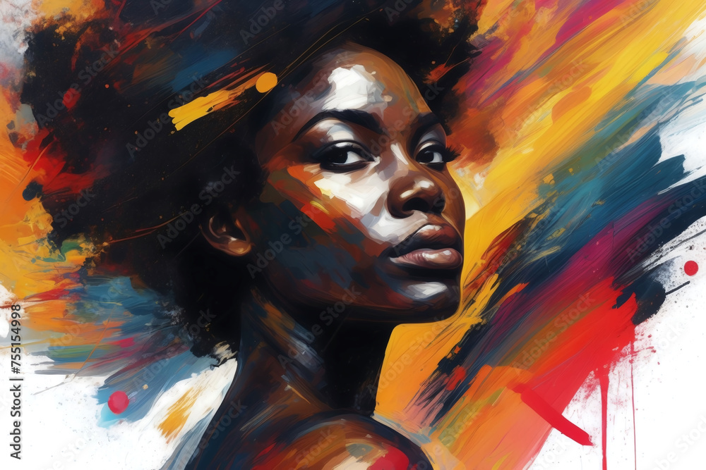 Abstract portrait black woman art with vibrant colors and visible brush ...