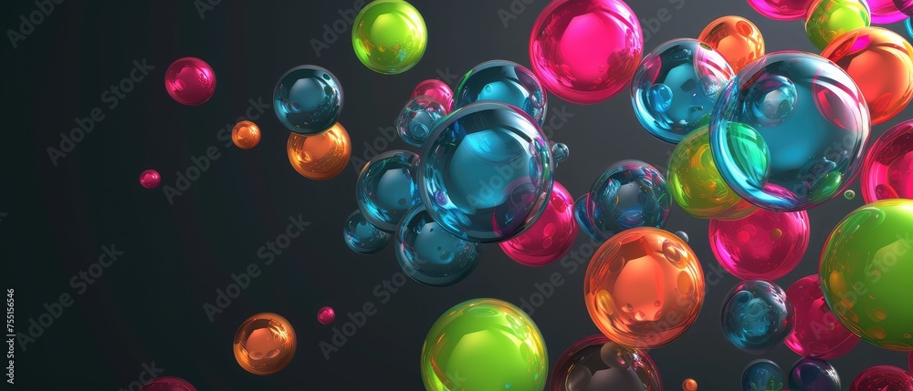 Colored transparent balls on a dark gray background. Abstract ...