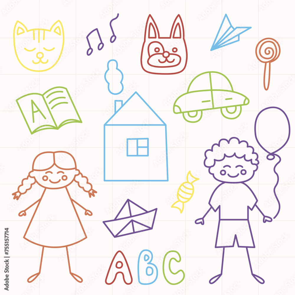 Daycare kids doodle set. Cute colorful kindergarten collection elements ...
