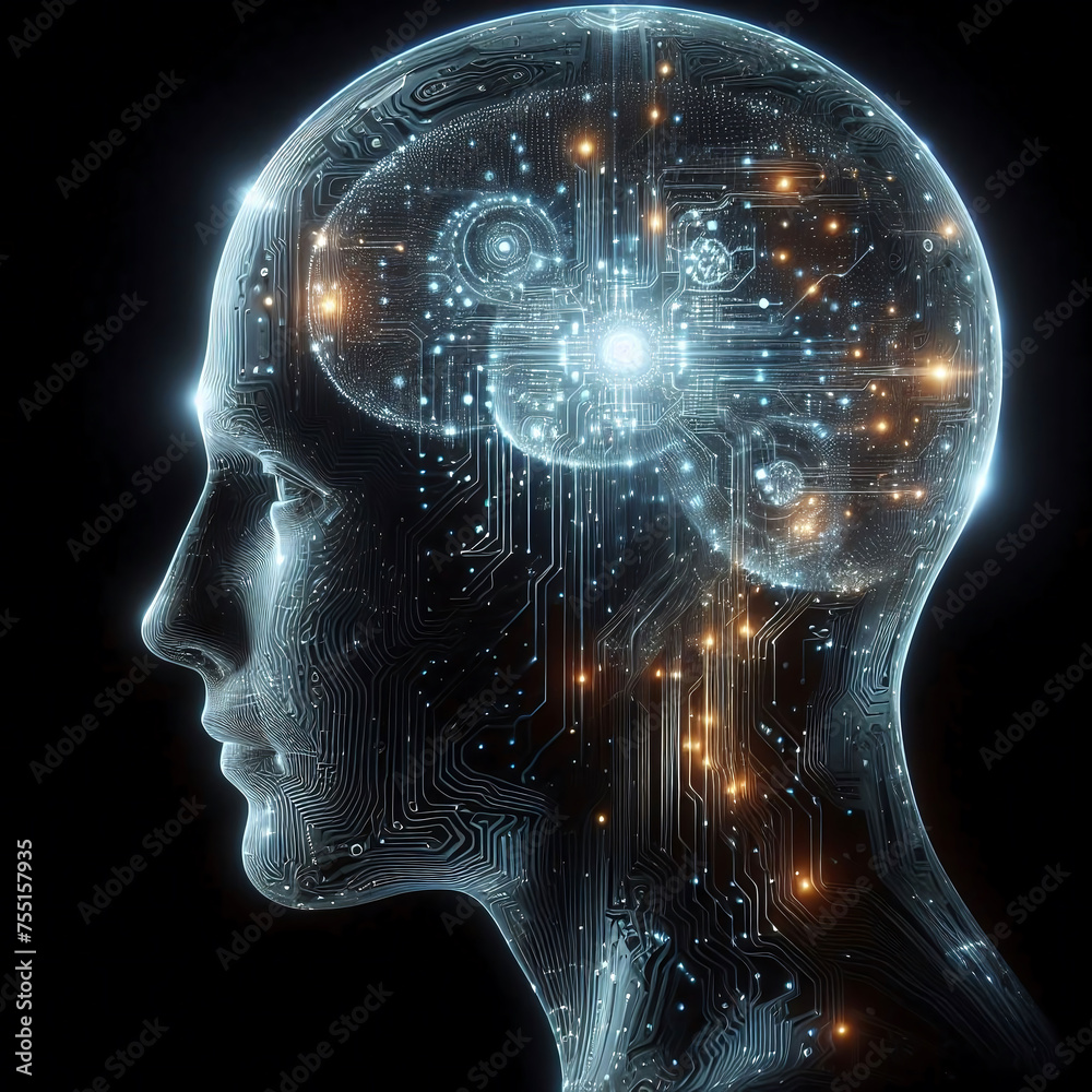 Silhouette human head technology blend circuit board illuminated bright ...