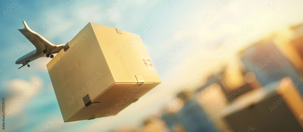 cardboard box flying with sky background Stock Photo | Adobe Stock