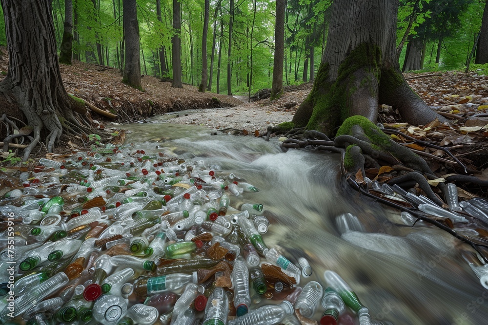 Crystal Clear Water Stream Flowing Through a Forest with Recycled Glass ...