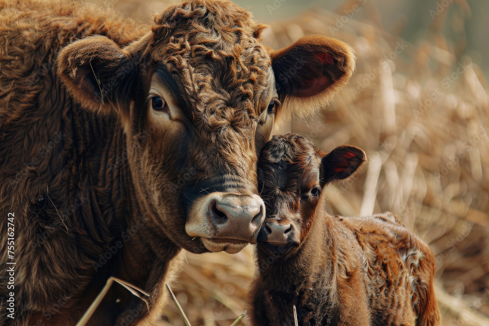 A cow and a calf are standing next to each other in a field. The cow is ...