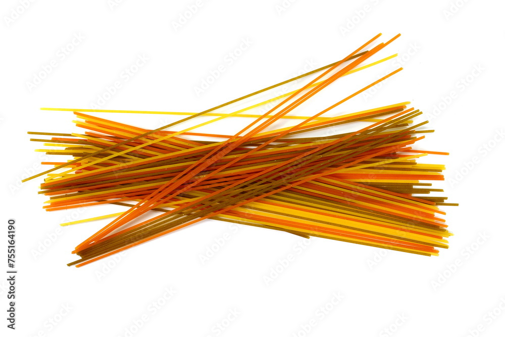 long multicolored pasta, flavoured spaghetti isolated on white ...