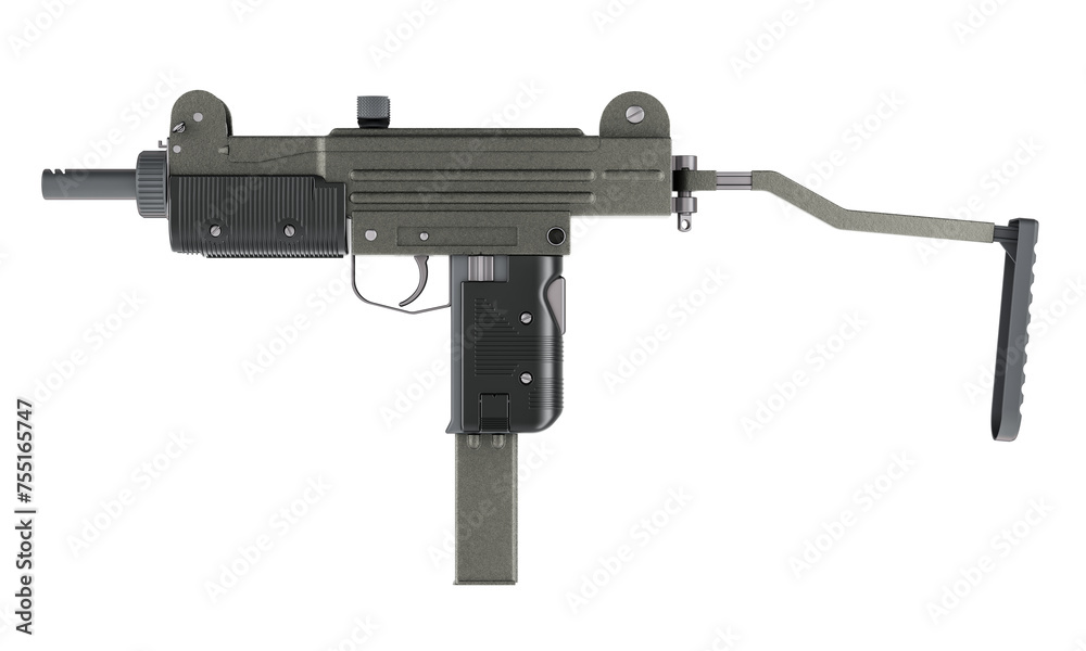 Submachine gun, closeup. 3D rendering isolated on transparent ...